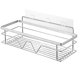 Rainspire Adhesive Shower Caddy, Large Capacity Self Adhesive Shower Shelves for Inside Shower, Shower Rack Shower Shelf for Inside Shower Stainless Steel Bathroom Shower Organizer, Middle, Silver