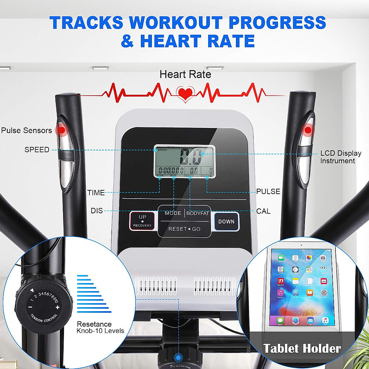 Elliptical Exercise Machine with APP, Heavy-Duty Elliptical Cross Trainer for Home Use, 10-Level Resistance, Max User Weight 390 lbs, Ideal for Indoor Workout & Fitness