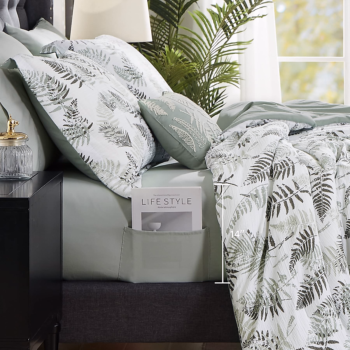 MaiRêve Green Leaves Queen Comforter Set, Sage Green and Moss Leaves Printed Comforter Queen Size, Queen Bedding Sets 8 Pieces with Comforter, Sheets, Bed in A Bag 90"x 90"