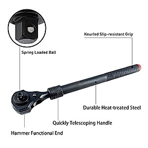 MacWork 1/2in.& 3/8in Dual Head Ratchet Handle -Telescopic Black Ratchet Spanner with Hammer Function