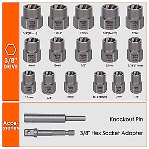 THINKWORK Bolt Extractor Set, 18 Pieces Impact Bolt & Nut Remover Set, Stripped Lug Nut Remover, Extraction Socket Set for Removing Damaged, Frozen, Rusted, Rounded-Off Bolts, Nuts & Screws