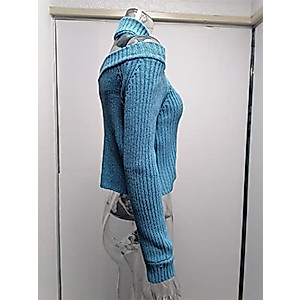 Women's Cold Shoulder Halterneck Sweater Crossed V- Neck Crop Halter Knit Pullover Off Shoulder Long Sleeve Knitted Top (Blue,X-Large)