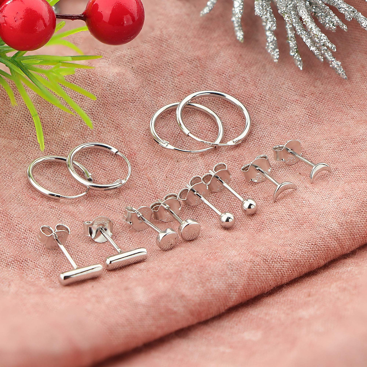 Milacolato 8 Pairs Sterling Silver Stud Earrings Set for Women Men 14K White Gold Plated Ball Dot Star Moon Bar CZ Stud Earrings Small Huggie Hoop Cartilage Earrings Sets for Multiple Piercing Hypoallergenic