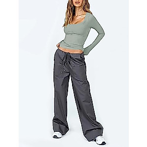 Lynwitkui Women's Ribbed Long Sleeve Tops Scoop Neck Slim Fitted Solid Casual T-Shirt Light Green