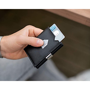 EXENTRI Leather Trifold Wallet - RFID Blocking w/Stainless Steel Locking Clip (Black)