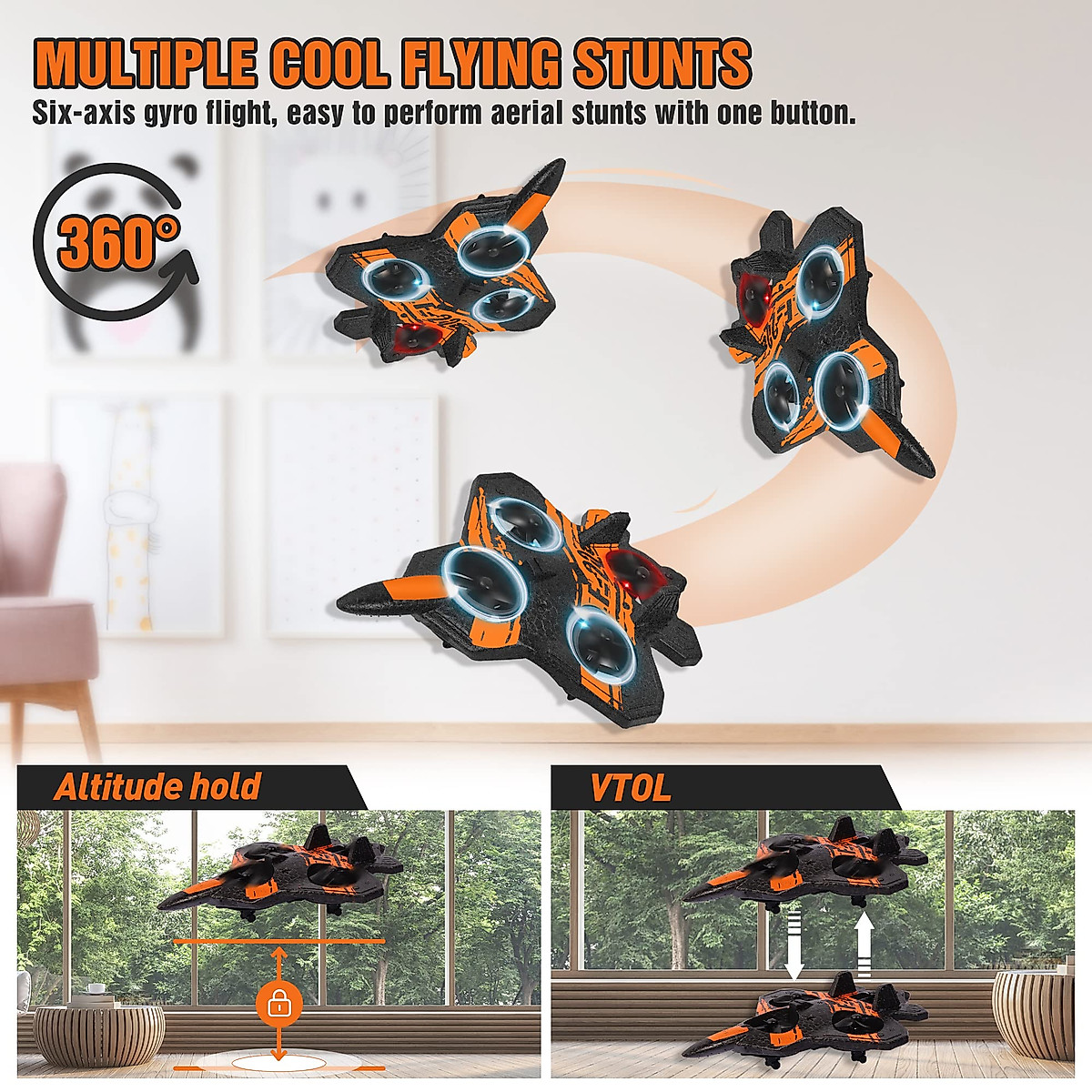 Remote Control Airplane for Beginners, 2.4GHz V17 Jet Fighter Stunt RC Airplanes, ABS, 3D Flip, Stunt Roll, Cool Light, 2 Batteries, RC Planes for Kids 8-12, Orange