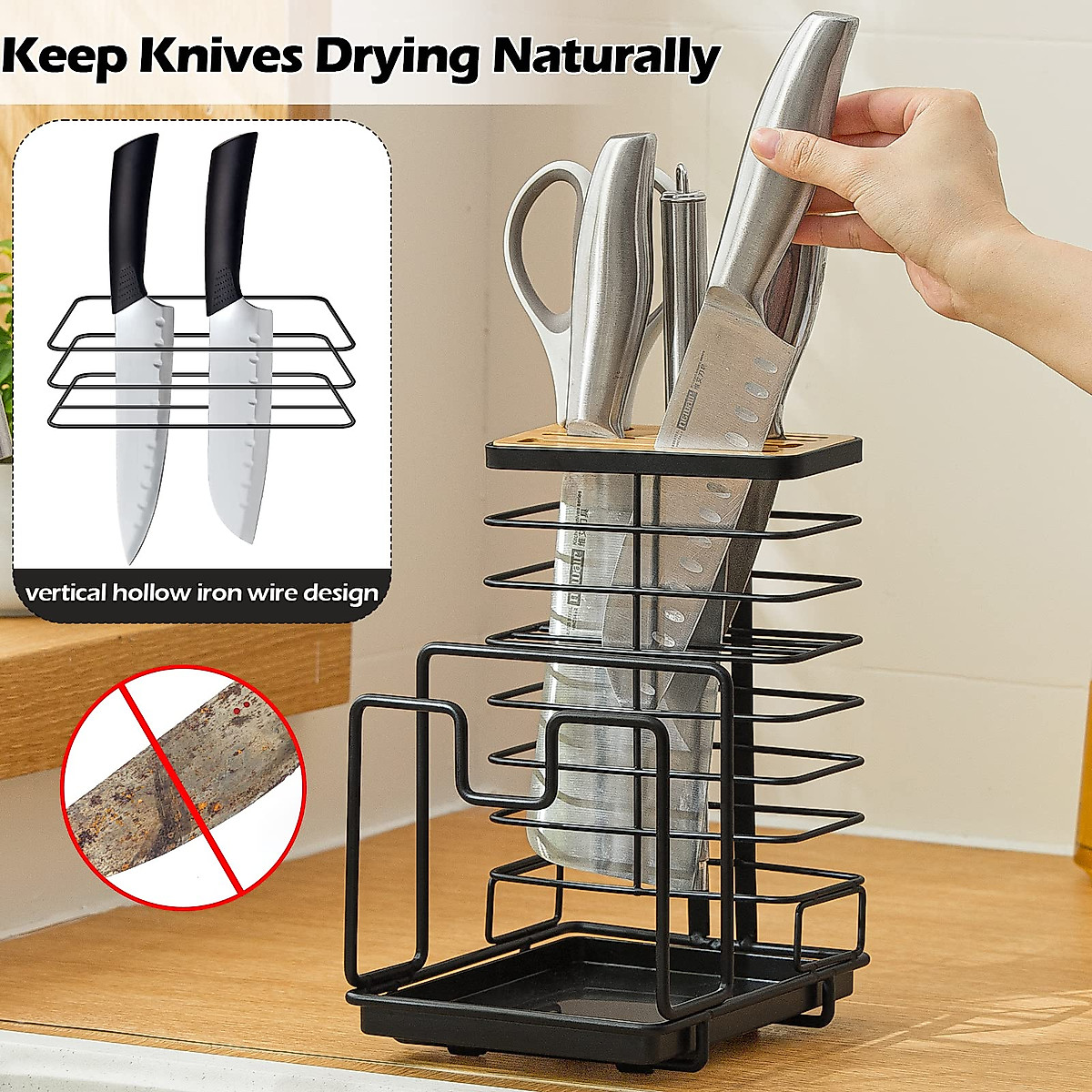 Poeland Cutting Boards Knife Organizer, 3 in 1 Kitchen Organizer Rack, Kitchen Utensils Rack Chopping Boards/Knives/Pot Pan Lid Storage with Drip Tray, Black
