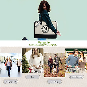 BeeGreen Initial Canvas Tote Bag w Makeup Bag Monogram Embroidery Tote Bags for Women w Inner Zipper Pocket Personalized Gifts for Friends Birthday Mother Hostess Bridesmaid Letter M