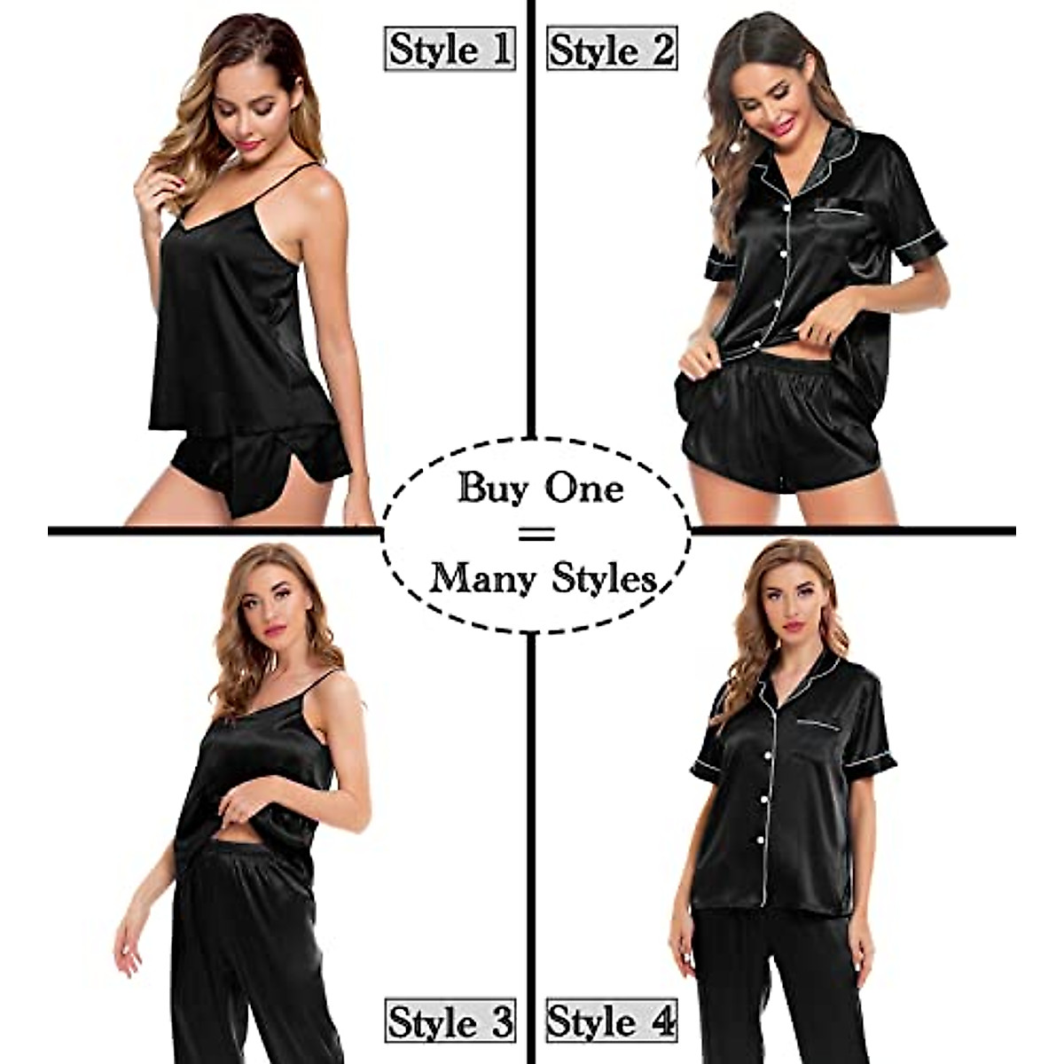SWOMOG Womens Silk Satin Pajamas Sets 4pcs Sleepwear Sexy Cami Shorts Set and Button Down Short Sleeve Pjs Loungewear A-black