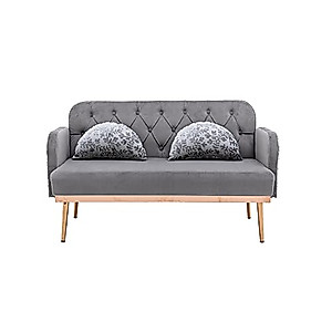 NALLBEIRRAA 56" Accent Sofa, Mid Century Modern Velvet Fabric Couch with 2 Pillow, Velvet Sofa, Loveseat Sofa, Recliner Couch with Gold Metal Feet for Living Room, Bedroom (Grey)