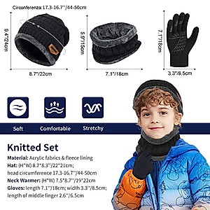 Kid Hat Scarf Gloves Set - Winter Knit Beanie Cap Neck Warmer Touch Screen Mitten Boy Girl 5-10 Year