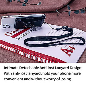 YUNCE Cell Phone Card Holder,Card Holder for Back of Cell Phone with Ring Grip Stand,Adhesive Stick-on Credit Card Wallet Pocket with Detachable Neck Strap Black