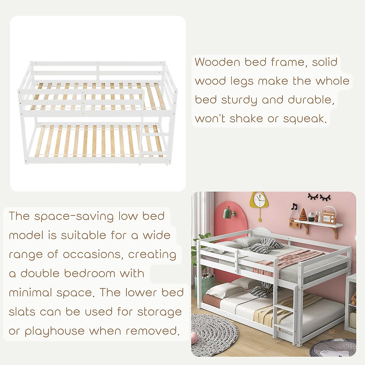 Harper & Bright Designs Low Bunk Beds Twin Over Twin Wood Twin Bunk Bed Frame with Safety Rail Ladder for Kids Bedroom Twin Floor Bunk Bed for Boys Girls Teens, White