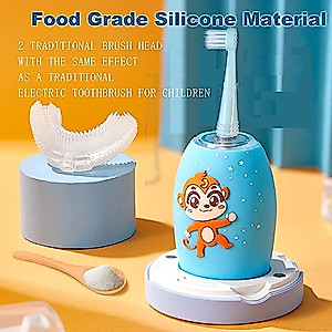 Sunartec Kids Musical U Shaped Toothbrush, Ultrasonic Electric Toothbrushes for Kids 2 Brushing Modes and 1 Gums Care 360° Sonic Toothbrushes for Child 4 Brushheads (Purple and Blue Random)