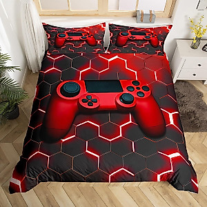 Erosebridal Full Size Boys Gamepad Comforter Cover,Modern Fashion Red Gaming Controller Printed Duvet Cover,Gamer Video Games Decorative 3 Piece Bedding Set with 2 Pillow Cases,Black