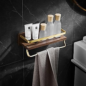 NEWRAIN Shower Rack, Wood Shower Shelves with Towel Holders for Kitchen Toilet Bathroom Shelves Shower Storage Organizer Wall Mounted