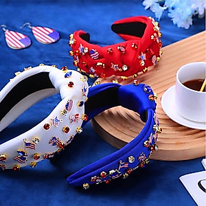 Newcotte 3 Pcs 4th of July Headband for Women American Flag Knotted Headband Star USA Charm Red White Blue Headband Women Patriotic Headbands Headpiece Crystal Knot Wide Hairband Accessories Gift