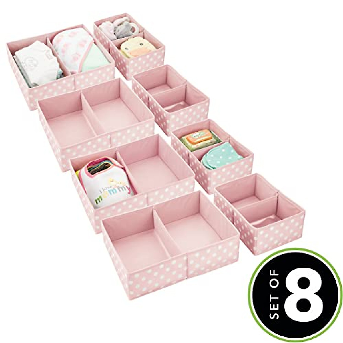 mDesign Fabric Drawer Organizer Bins, Kids/Baby Nursery Dresser, Closet, Shelf, Playroom Organization, Hold Clothes, Toys, Diapers, Bibs, Blankets, Set of 2, 4 Pack, Pink/White Polka Dot