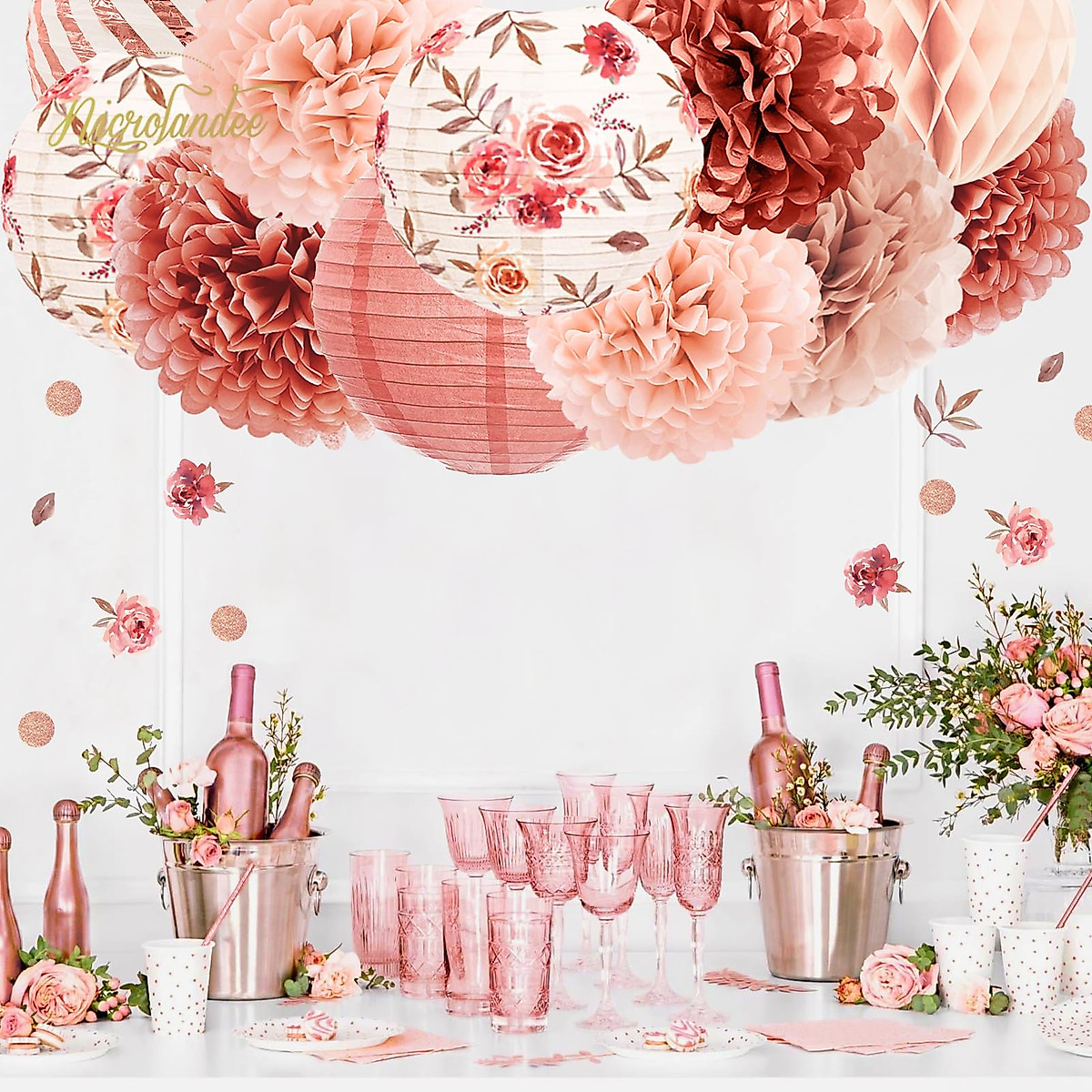 NICROLANDEE Wedding Decorations, 12PCS Rose Gold Paper Lanterns Tissue Pom Poms Confetti Decor for Bridal Shower Bachelorette Valentines Party, Rose Gold Pink Girl Birthday Party Decoration