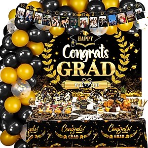 HJINGY Graduation Decorations Class of 2024, 2024 Graduation Party Decorations Include Grad Backdrop, Photo Banner, Congrats Cards, Balloons, Tablecloth, Plates, Cake Toppers for College High School