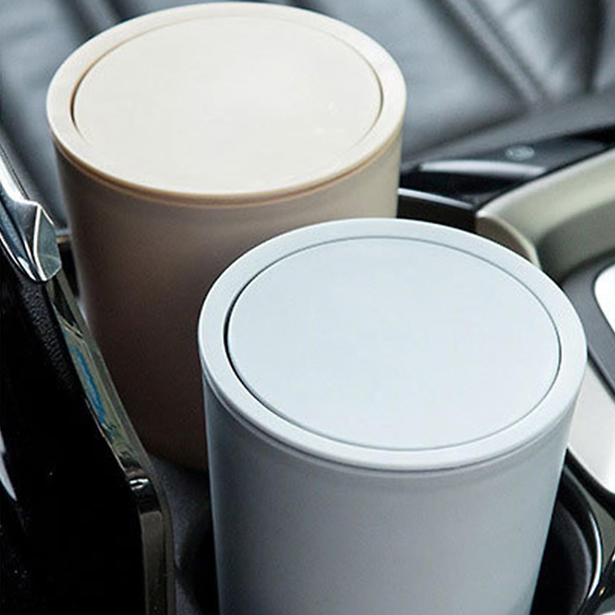 Sheebo Modern Plastic Mini Wastebasket Trash Can with Lid for Car - Dispose of Tissues, Reciepts, and Other Small trashes; 1 Liter (2pk - Khaki & Light Blue)