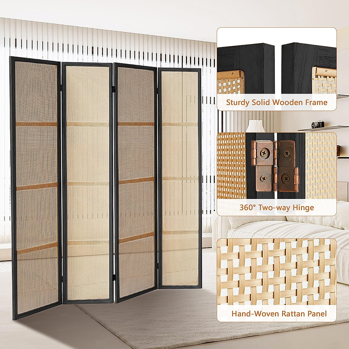 Leesinwing Wood Room Divider, 4 Panels Room Dividers and Folding Privacy Screens, Hand-Woven Rattan Room Divider Wall Freestanding Room Partitions Screen for Home Office Bedroom, Black