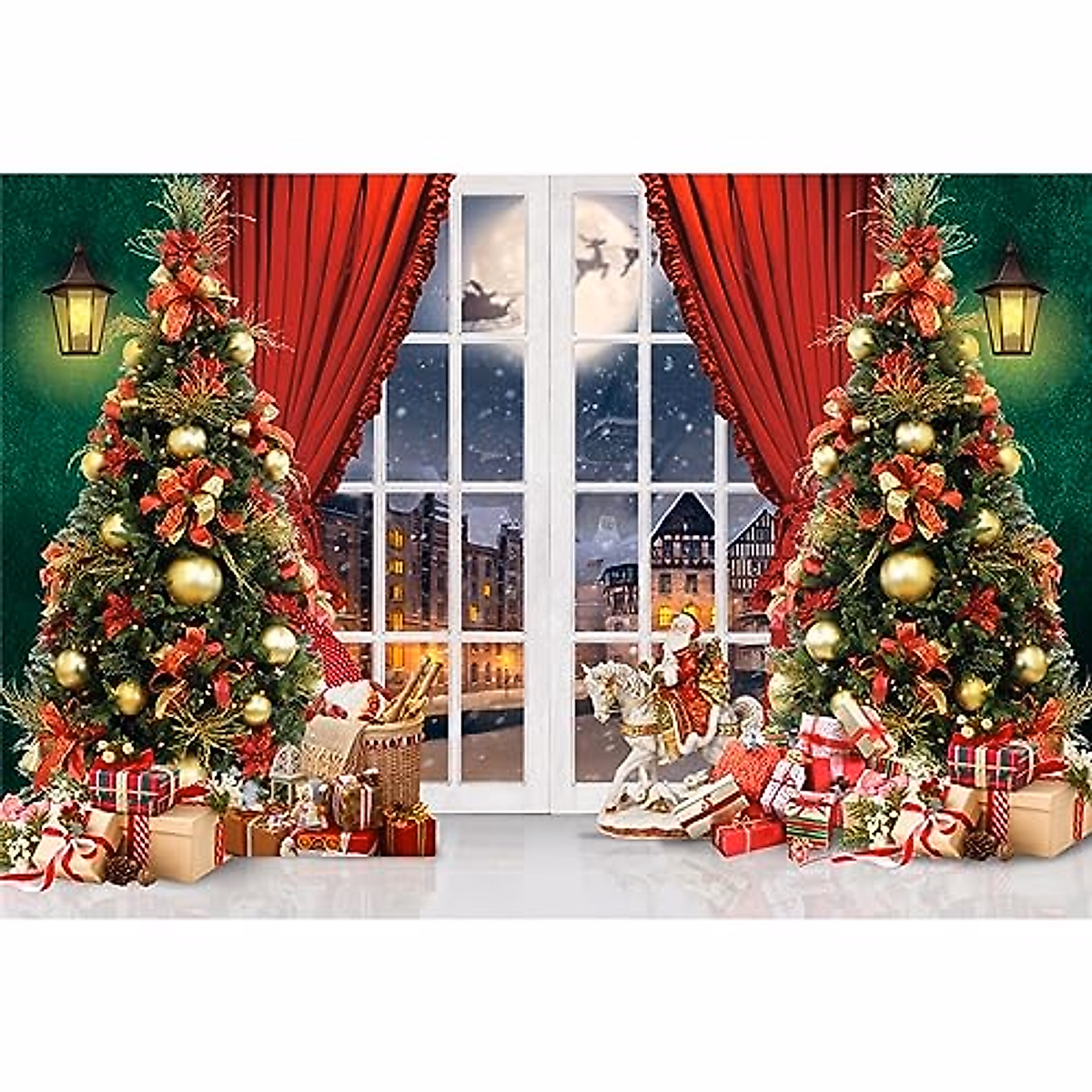 Laeacco 8x6FT Christmas Photography Backdrop Polyester Christmas Window View Red Curtain Background Xmas Trees White Horse Santa Gifts Merry Christmas Party Decor Banner Portrait Photo Studio Shoot