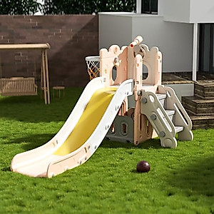 YUYUE 7 in 1 Toddler Slide,Kids Climber Slide with Storage Space and Non-Slip Steps,Indoor Outdoor Playset with Basketball Hoopa and Telescope,Slide for Toddlers Age 1-8,Slip and Slide