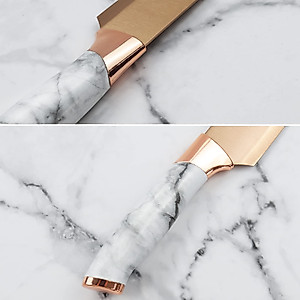 Knife Set Non Stick, Champagne Gold Knives Set with Acrylic Storage Block, 6 Pieces Sharp Knife Set, Stainless Steel Beautiful White Marbling Handle Rainbow Blade Kitchen Knife (Champagne Gold Blade)