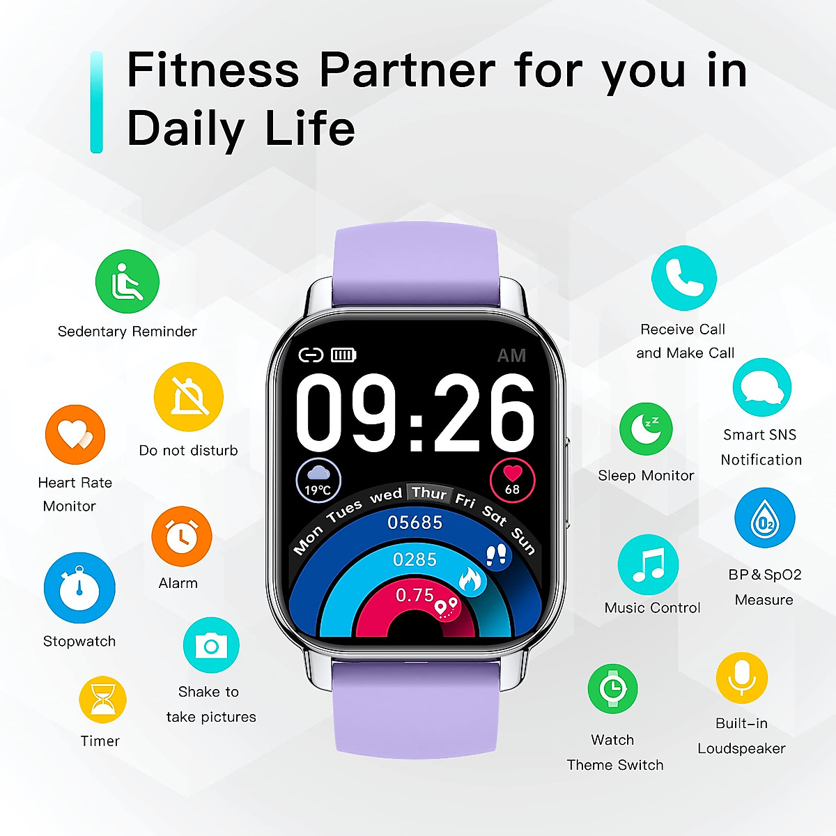 Popglory Smart Watch for Women & Men, 1.85'' Call Receive/Dial Smartwatch, Fitness Tracker with Blood Pressure/SpO2/Heart Rate Monitor, Fitness Watch with 2 Straps 3 Cables for iOS & Android Phones