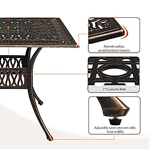 VINGLI Patio Dining Table, Patio Table with Umbrella Hole Outdoor Dining Table, Cast Aluminum Outdoor Bistro Table Outdoor Furniture Garden Table (35.4”Lx35.4”Wx29.5”H)