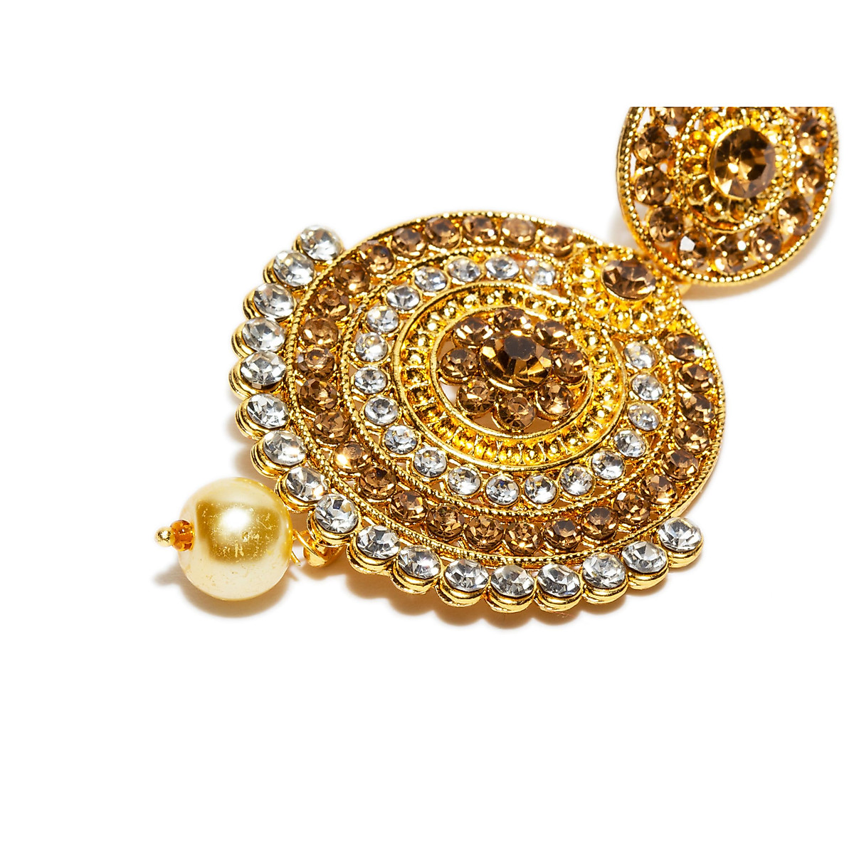 Bindhani Round Golden Mix White Stone Round Earrings & Indian Maang Tikka For Women