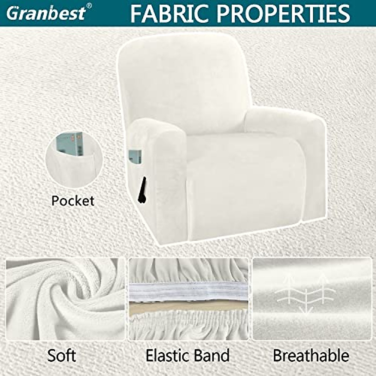 Granbest Velvet Plush Recliner Chair Cover High Stretch Recliner Slipcover Furniture Protector with Pockets(Creamy White)