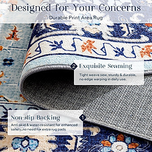Phantoscope Hallway Runner Rug 2'x6'-Long Rug Runner Boho Retro-Patterned Washable Non-Slip Carpet for Kitchen Entryway Laundry Bedroom,Ultra-Thin Vintage Distressed Accent Rug,Blue/Orange/Cream
