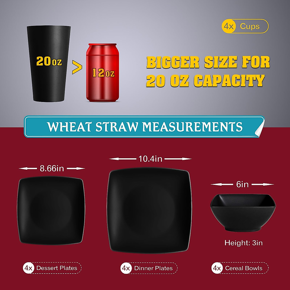 Teivio 16-piece Plastic Wheat Straw Square Dinnerware Set for 4, Unbreakable Dinner Plates, Salad Plates, Snack Bowls, Tumblers 20 oz, Dishwasher Safe, Black Matte