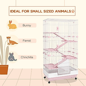 PawHut 6-Level Small Animal Cage Rabbit Hutch with Wheels, Removable Tray, Platform and Ramp for Bunny, Chinchillas, Ferret, Pink
