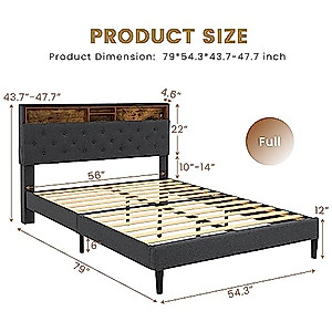 ADORNEVE LED Bed Frame Full Size with Storage Headboard, Platform Bed Frame with Outlets and USB Ports, Upholstered Bed with LED Lights & Storage, Diamond Stitched Button Tufted Design, Dark Grey