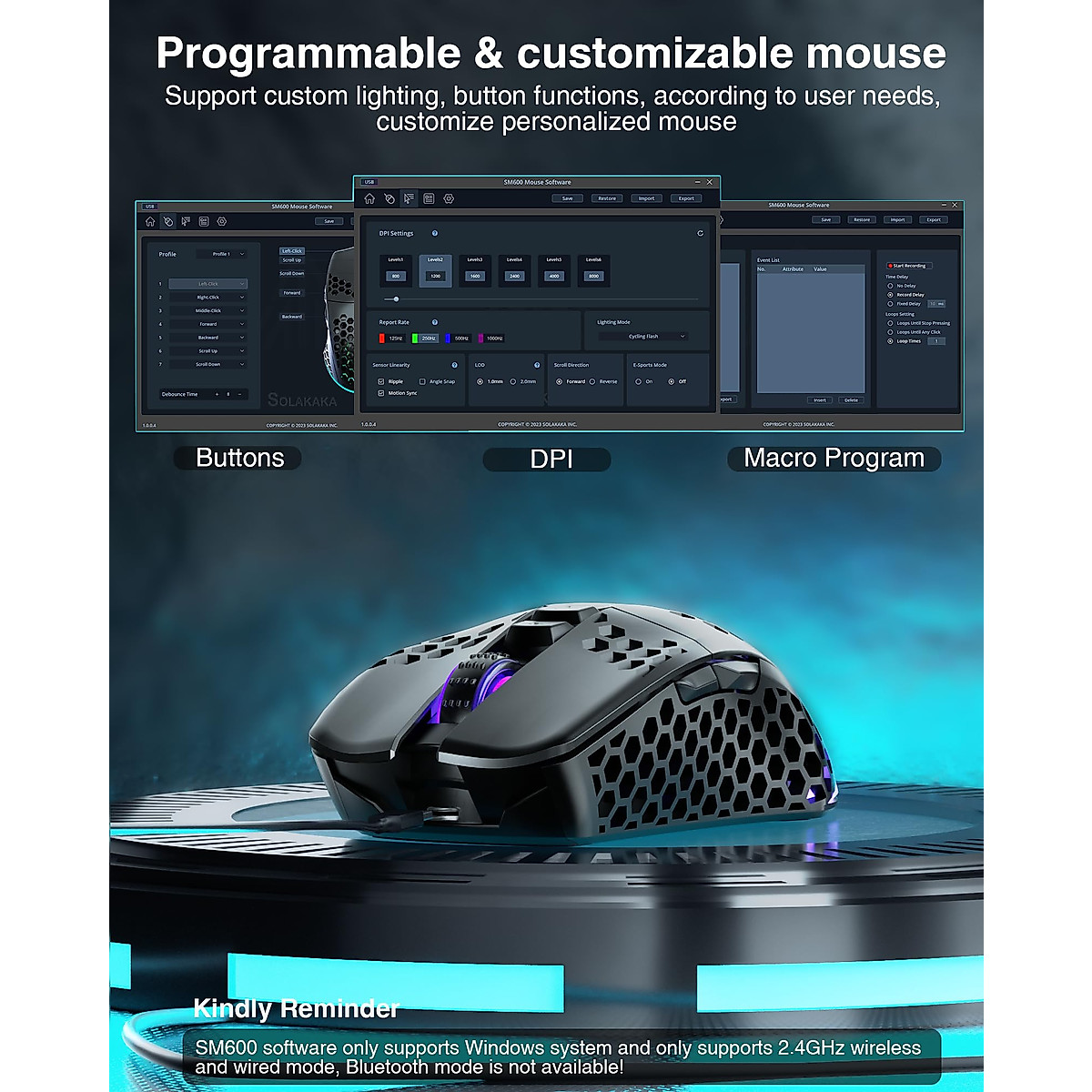 SOLAKAKA SM600 Honeycomb Shell Gaming Mouse Wireless,8000 DPI Tri-Modes BT5.1/2.4G Wireless/Type-C Wired Gamer Mouse with 2 Side Buttons, Macro Programmable and RGB Light for PC/Mac/Laptop,Black