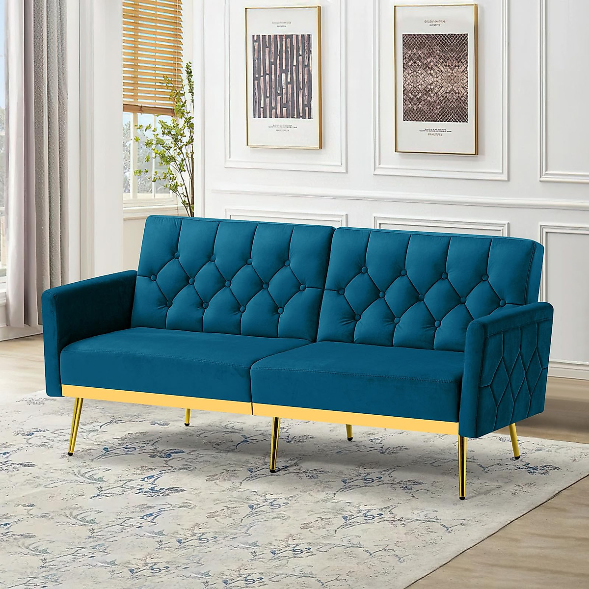 ACMEASE Velvet Sofa Bed w/Adjustable Armrests and Backrests, Modern Convertible Sleeper Sofa, Tufted Futon Sofa for Bedroom, Living Room, Apartment, Teal