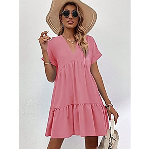 WDIRARA Women's Roll Up Short Sleeve V Neck Ruffle Hem Solid Swing Smock Dress Watermelon Pink M