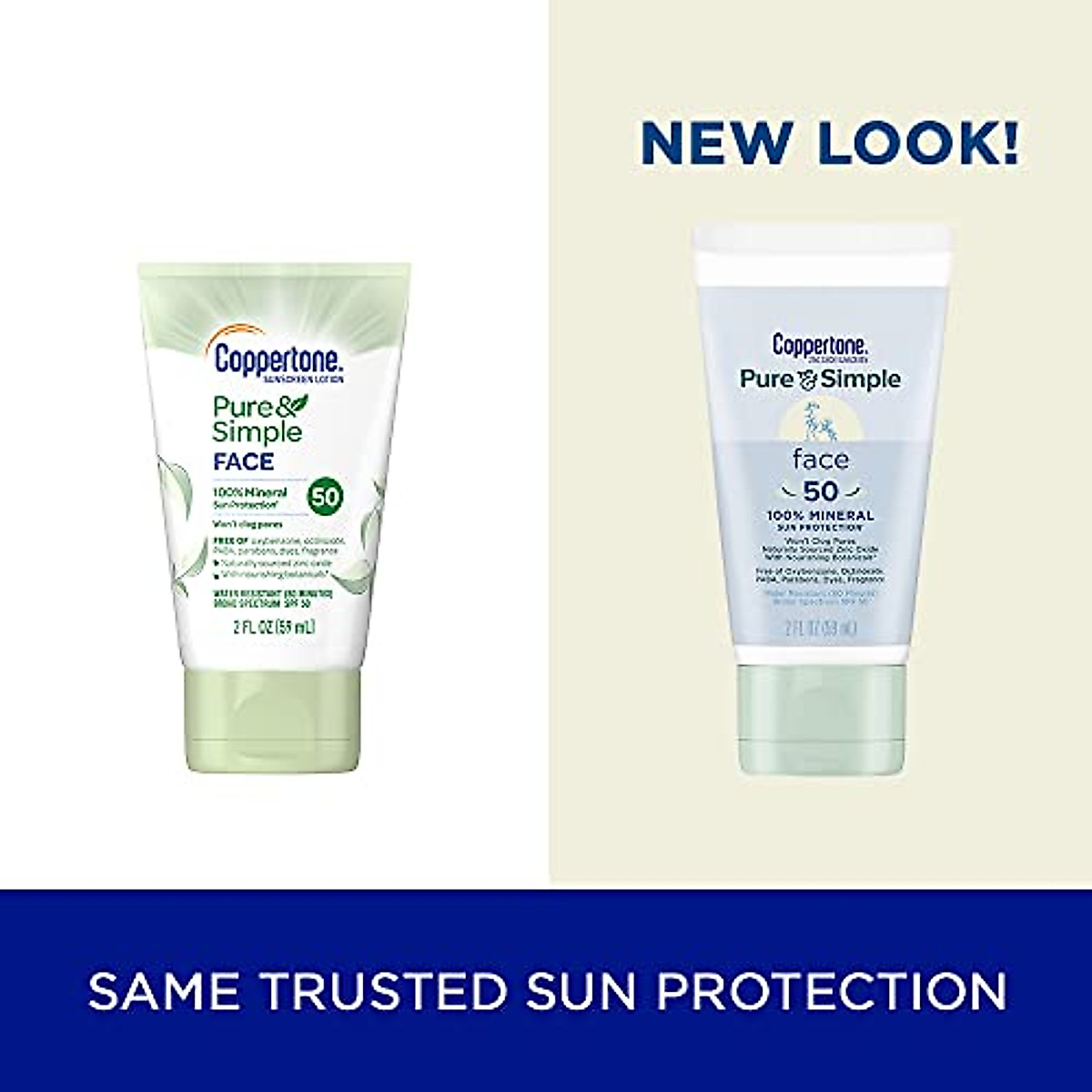 Coppertone Pure & Simple For Face SPF 50 Sunscreen Lotion, Zinc Oxide Mineral Sunscreen Lotion, Water Resistant, Hypoallergenic, Travel Size 2 Ounce