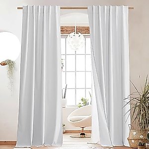 NICETOWN Back Tab 100% Blackout Linen Curtains with Thermal Insulated White Liner, White, 52 inches Wide, 84 inches Length Energy Saving Curtains for Living Room 2 Panels Set, Vertical Blinds