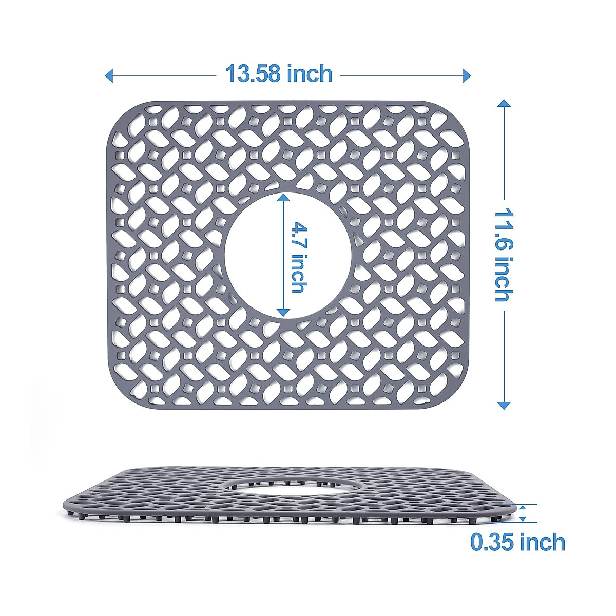 JUSTOGO Silicone Sink Mat, Grey Kitchen Sink Mats Grid Accessory, 2 PCS Folding Non-Slip Sink Protector for Kitchen Bottom of Farmhouse Stainless Steel Porcelain Sink (Center Drain, 13.58''x 11.6'')