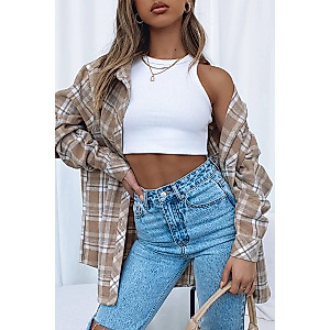 CHYRII Women's Flannel Plaid Shirts Long Sleeve Button Down Shacket Jacket Coat Outwear Fall Clothes Tan XXL