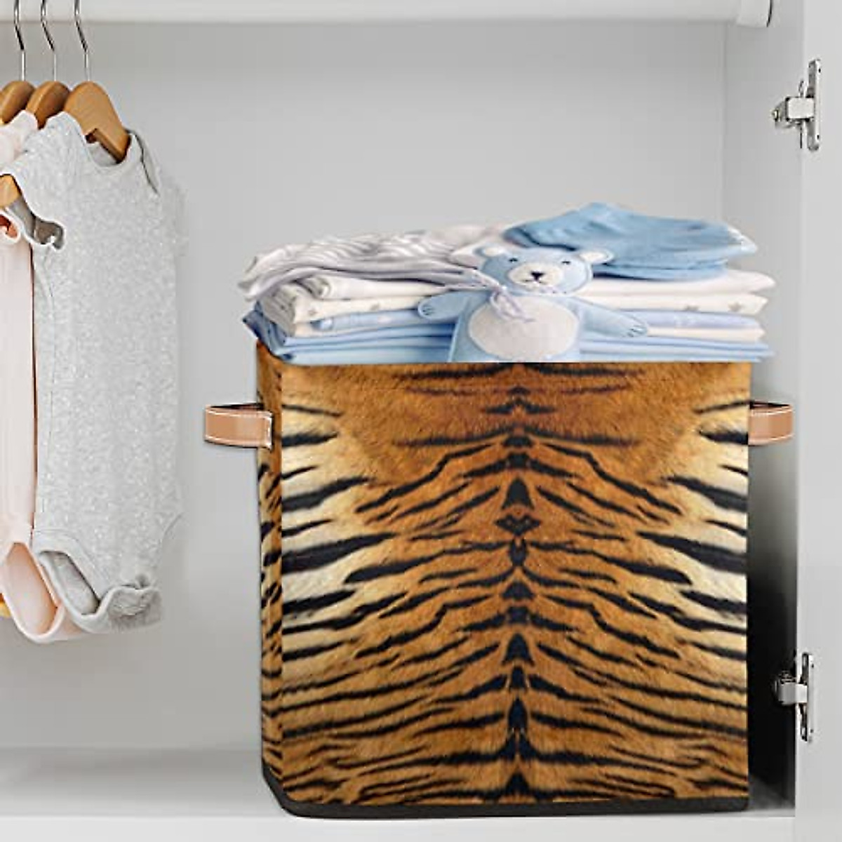 GzLeyigou Large Collapsible Storage Bins,Animal Tiger Leather Leopard Print Decorative Canvas Fabric Storage Boxes Organizer with Handles,Cube Square Baskets Bin for Home Shelves Closet Nursery Gifts