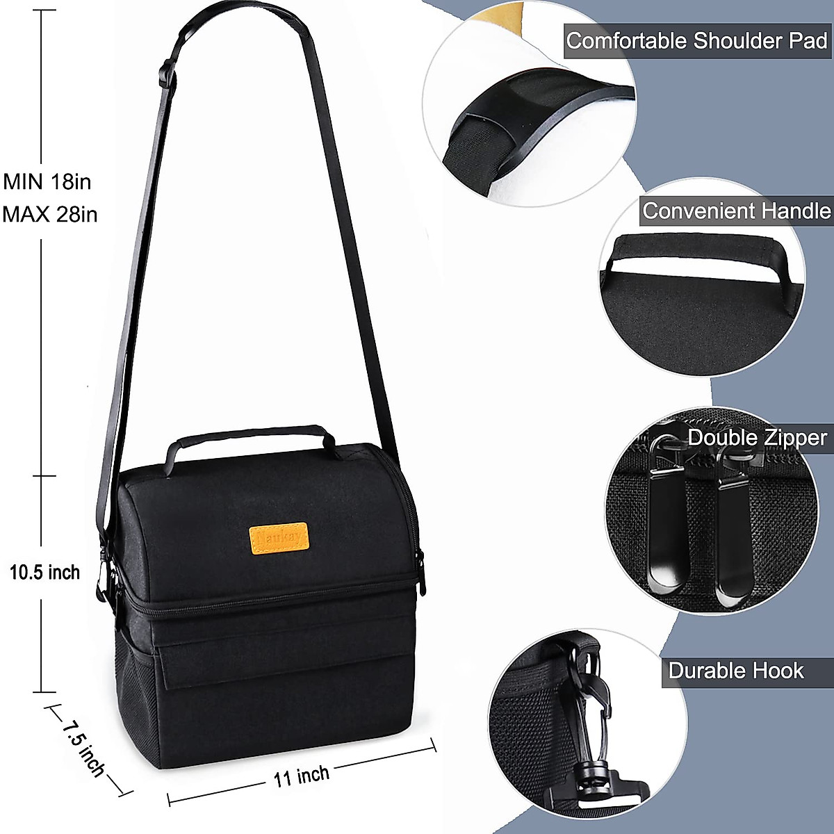 Dual Compartment Lunch Bag for Women Men, Reusable Insulated Lunch Bags Leakproof Large Lunch Box Cooler Tote Bag with Adjustable Shoulder Strap for Office Work School Picnic Hiking Beach Party, Black