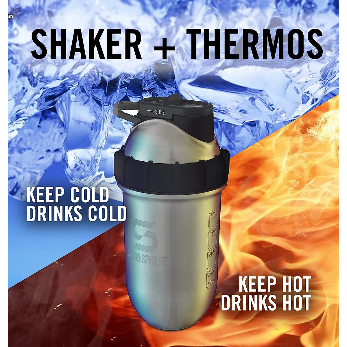 SHAKESPHERE Tumbler STEEL: Protein Shaker Bottle Keeps Hot Drinks HOT & Cold Drinks COLD, 24 oz. No Blending Ball or Whisk Needed, Easy Clean Up Great for Shakes, Smoothies (Matte-Black)