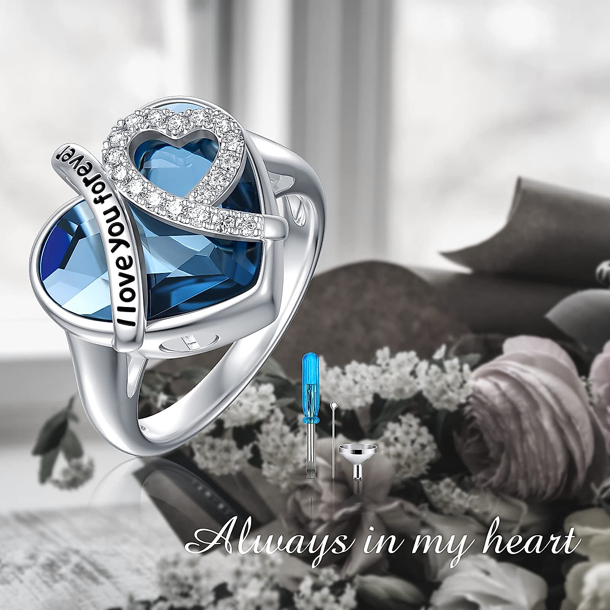 AOBOCO 925 Sterling Silver I LOVE YOU FOREVER Heart Cremation Ring Holds Loved One's Ashes, Heart Urn Ring for Ashes for Women, Memorial Keepsake Ring Embellished with Crystals from Austria-8
