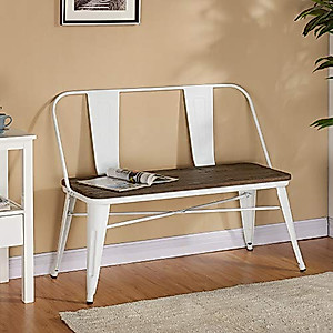 Whi Rustic Industrial Metal & Solid Wood Back in White Bench