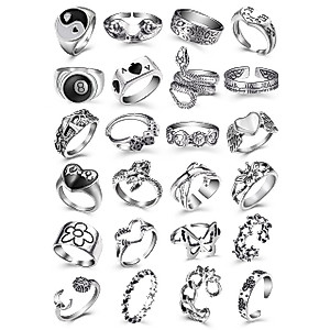 Vintage Silver Open Punk Rings for Men Women, 24PCS Adjustable Rings, Alt Rings, Chunky Silver Rings, Bulky Rings, Hippie Rings ,Cool Gothic Ring,Statement Stacking Ring, Skull Snake Star Flower Heart